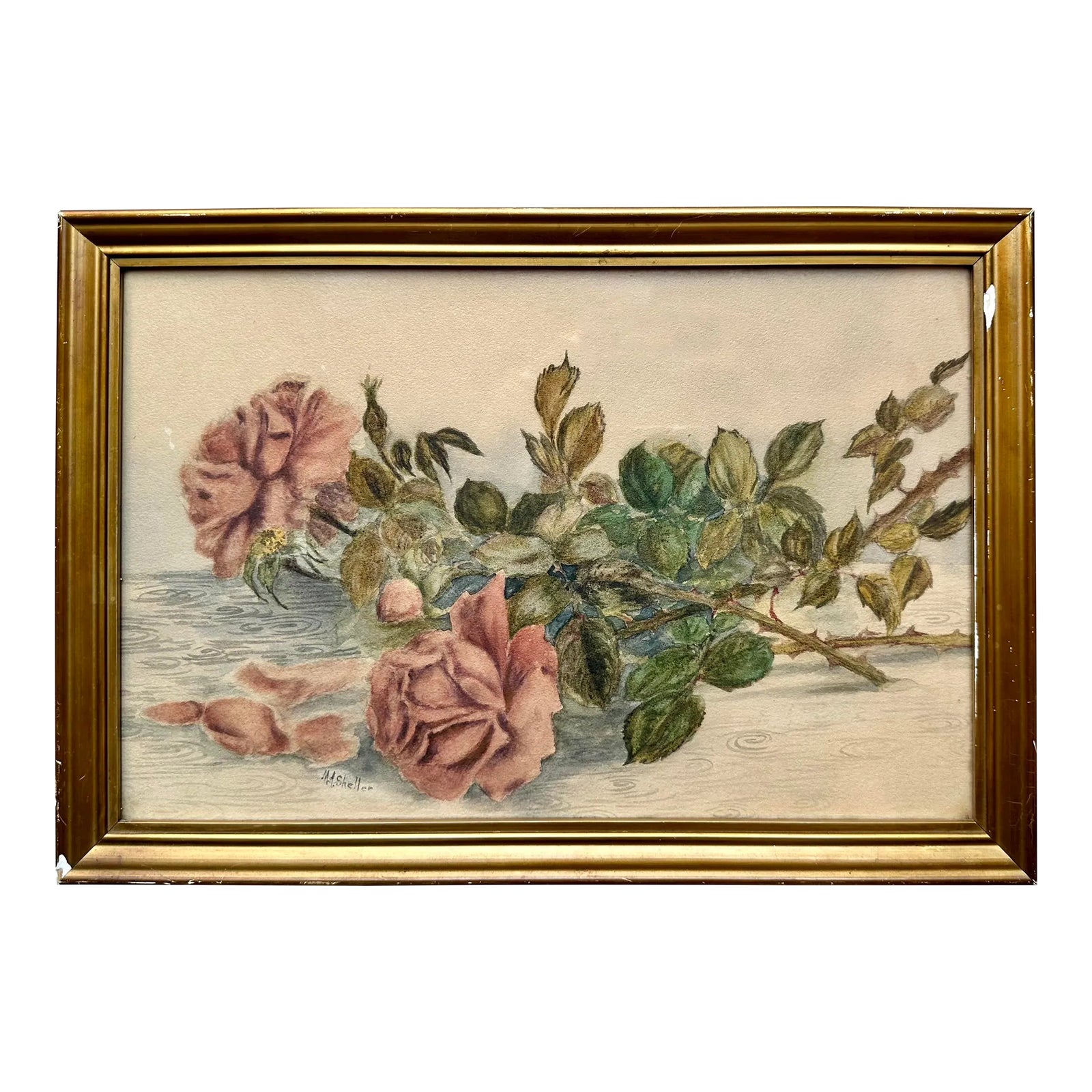 Circa 1800s Drawing of Roses in Gilt Plaster Frame With Wavy Glass ...