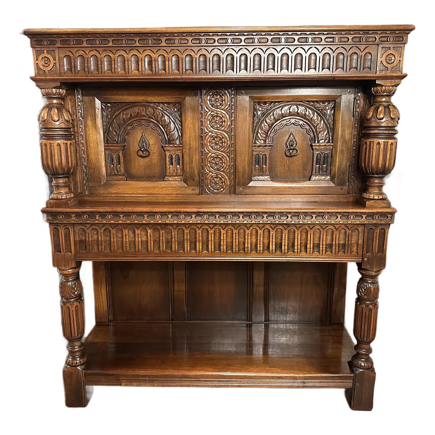Mid 20th Century Jacobean Feudal Walnut Liquor / Bar Cabinet, Vintage ...