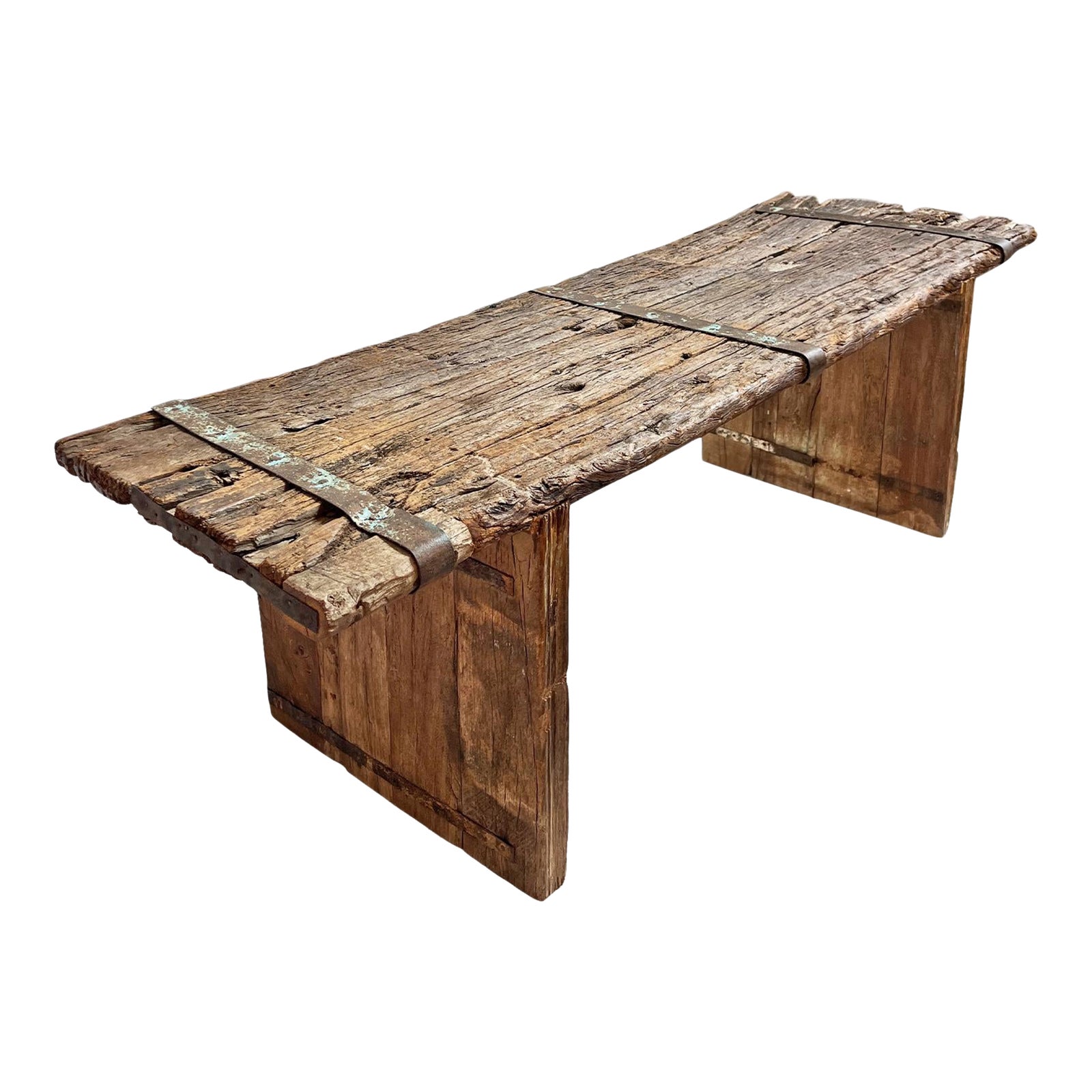 Rustic Wood Iron Strap Coffee Table / Bench | Chairish
