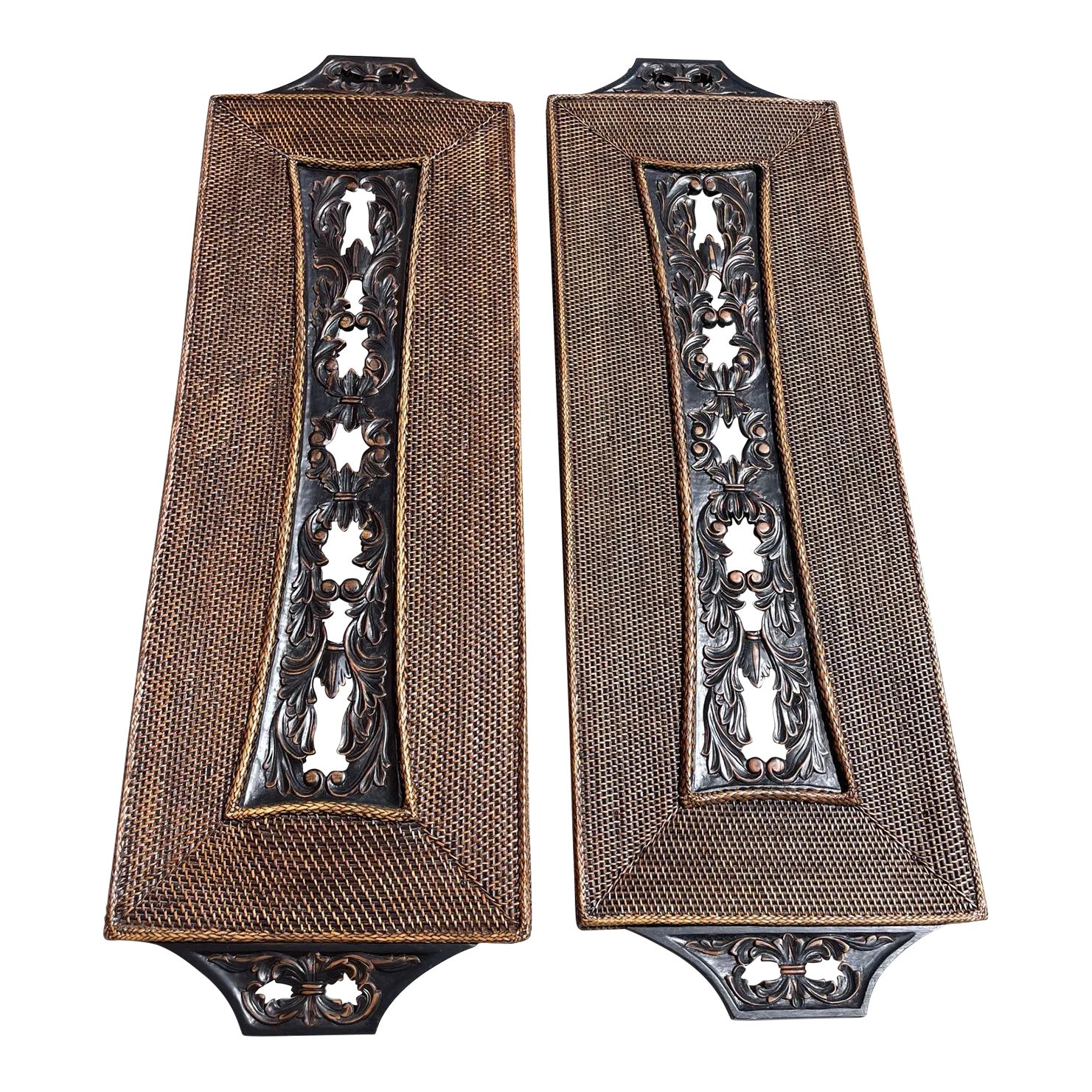 Large Woven Rattan/Carved Wood Wall Panels-A Pair | Chairish