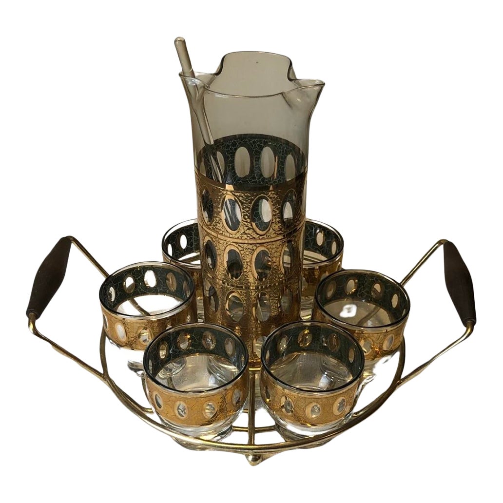 1950s Culver Pisa Gold Cocktail Pitcher Set- 9 Pieces | Chairish