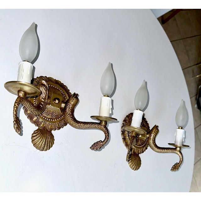 Pair Neoclassic Dolphin Shell Brass Wall Sconces | Chairish