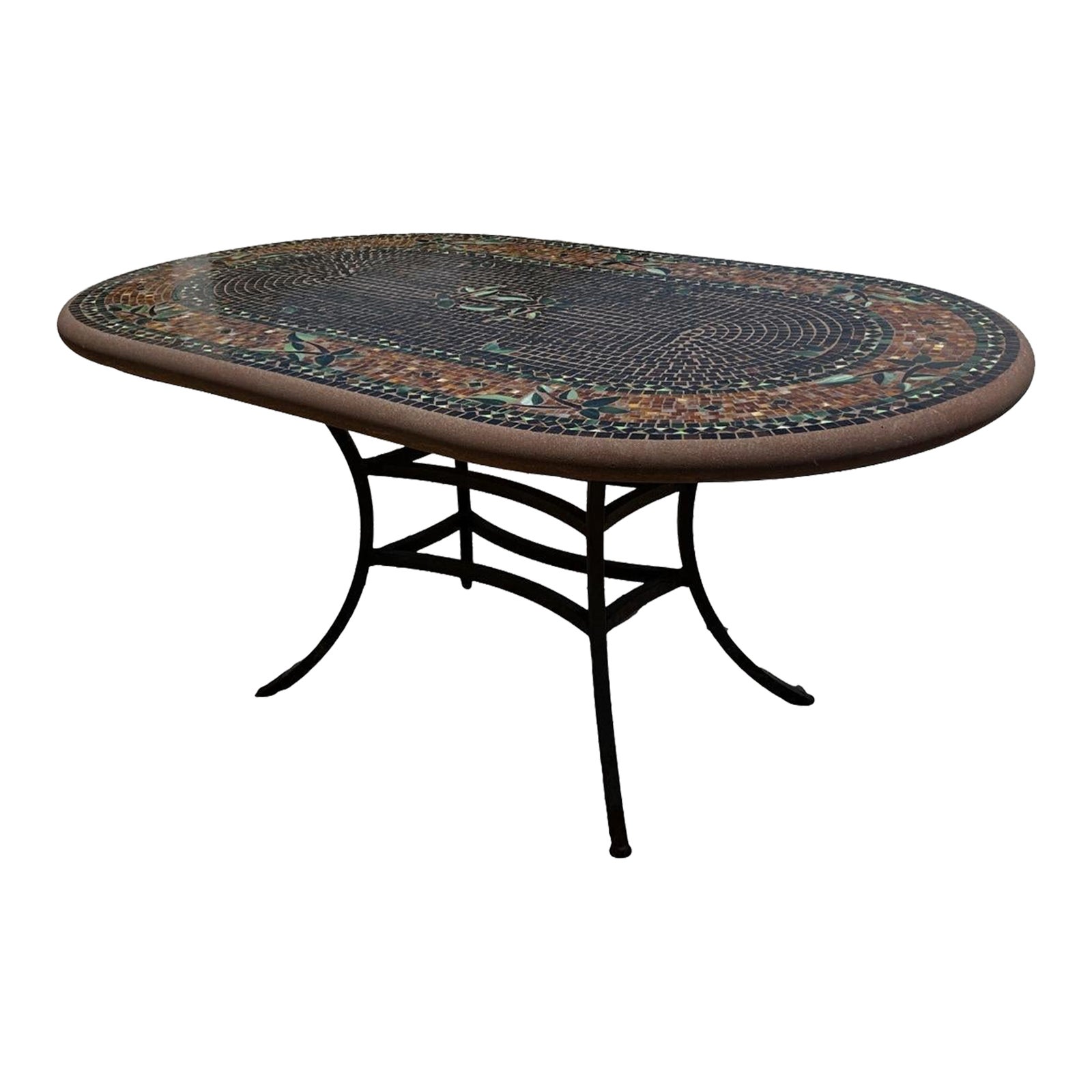 Mosaic Tile & Stone Outdoor Dining Table With Wrought Iron Base | Chairish