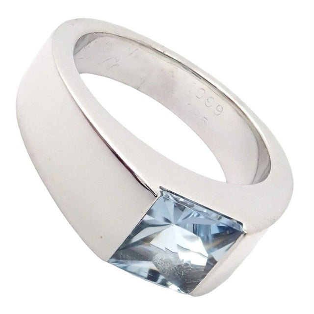 Cartier 18k White Gold Tank Blue Topaz Ring 1999 Sz 46 US 3.75 | Chairish