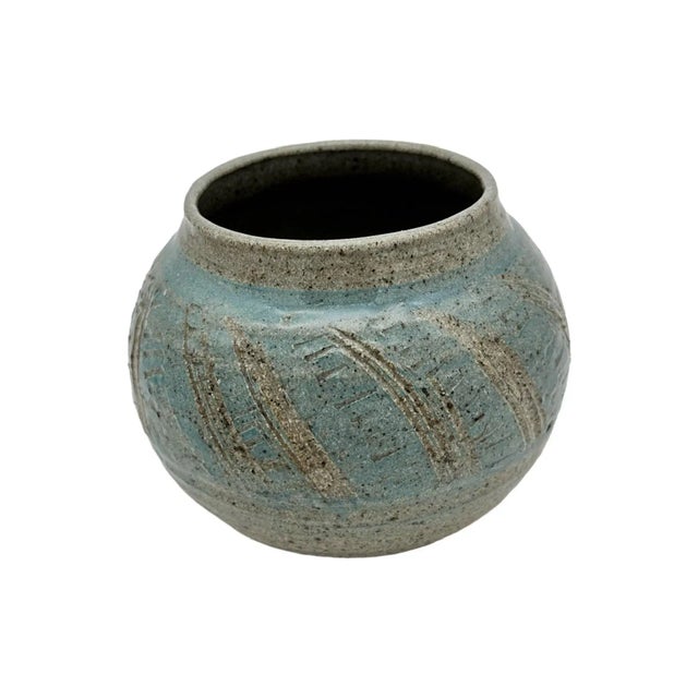 Vintage Studio Pottery Round Planter Vase in Grey & Light Blue, Signed ...