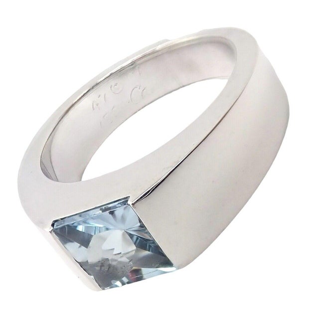 Cartier 18k White Gold Tank Blue Topaz Ring 1999 Sz 46 US 3.75 | Chairish