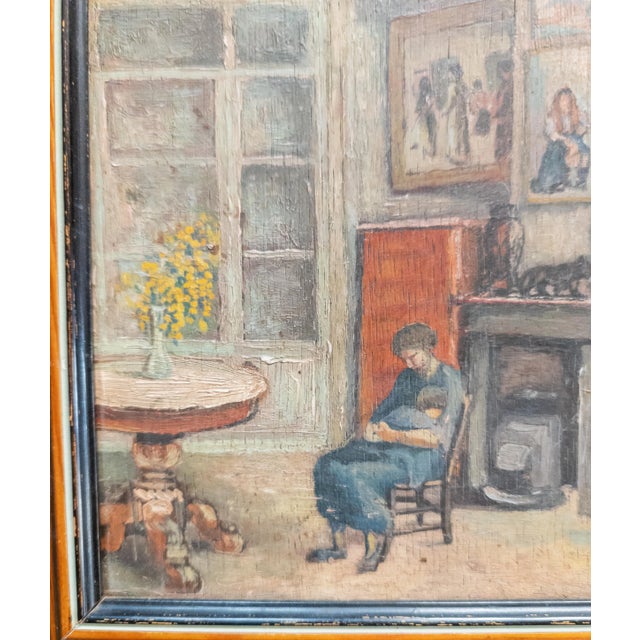 Early 20th Century Oil on Wood Panel Painting of Mother and Child in an Interior Scene | Chairish