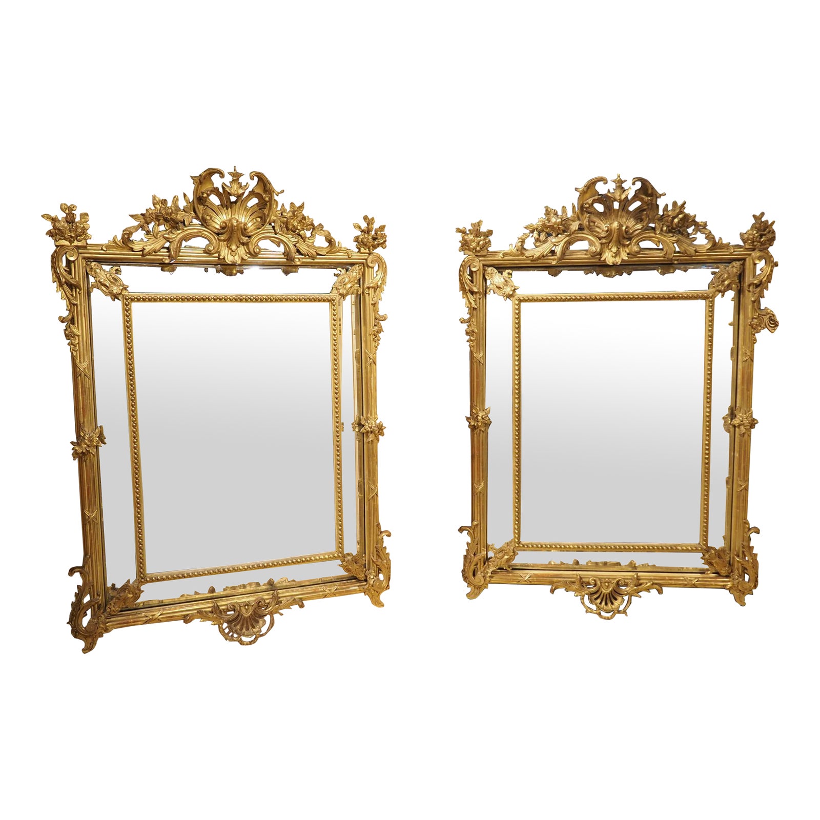 Pair of Large French Napoleon III Gold Leaf and Beveled Mirrors, Circa ...