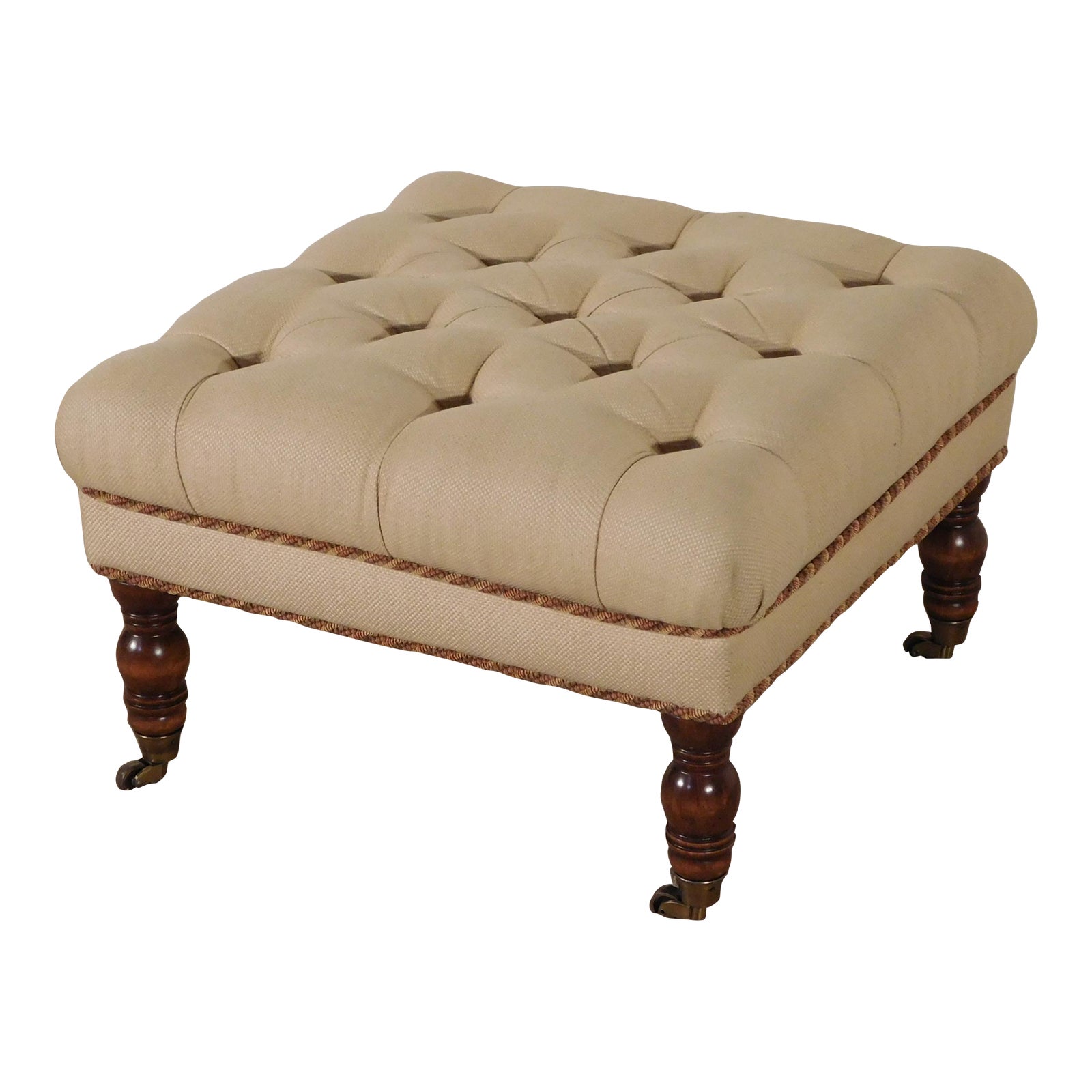 Henredon Deep Tufted Ottoman Footstool on Heavy Brass Casters | Chairish