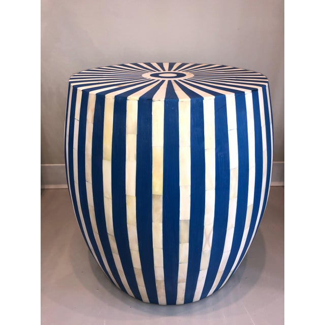 Blue and White Inlayed Striped Side Table | Chairish