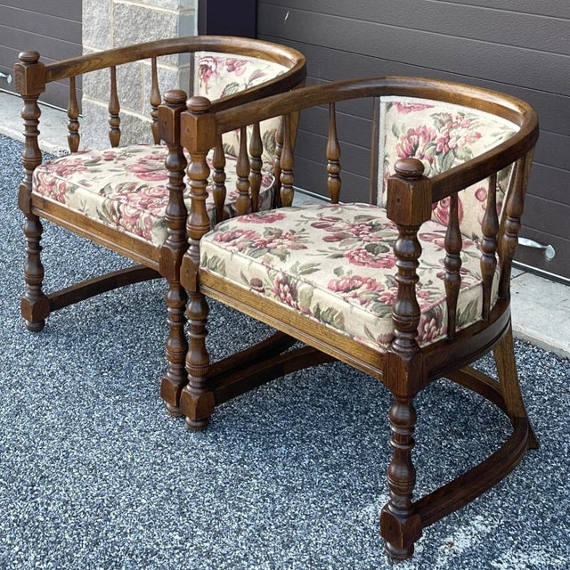 Vintage American Made Jacobean Style Solid Oak Club Chairs or Barrel ...