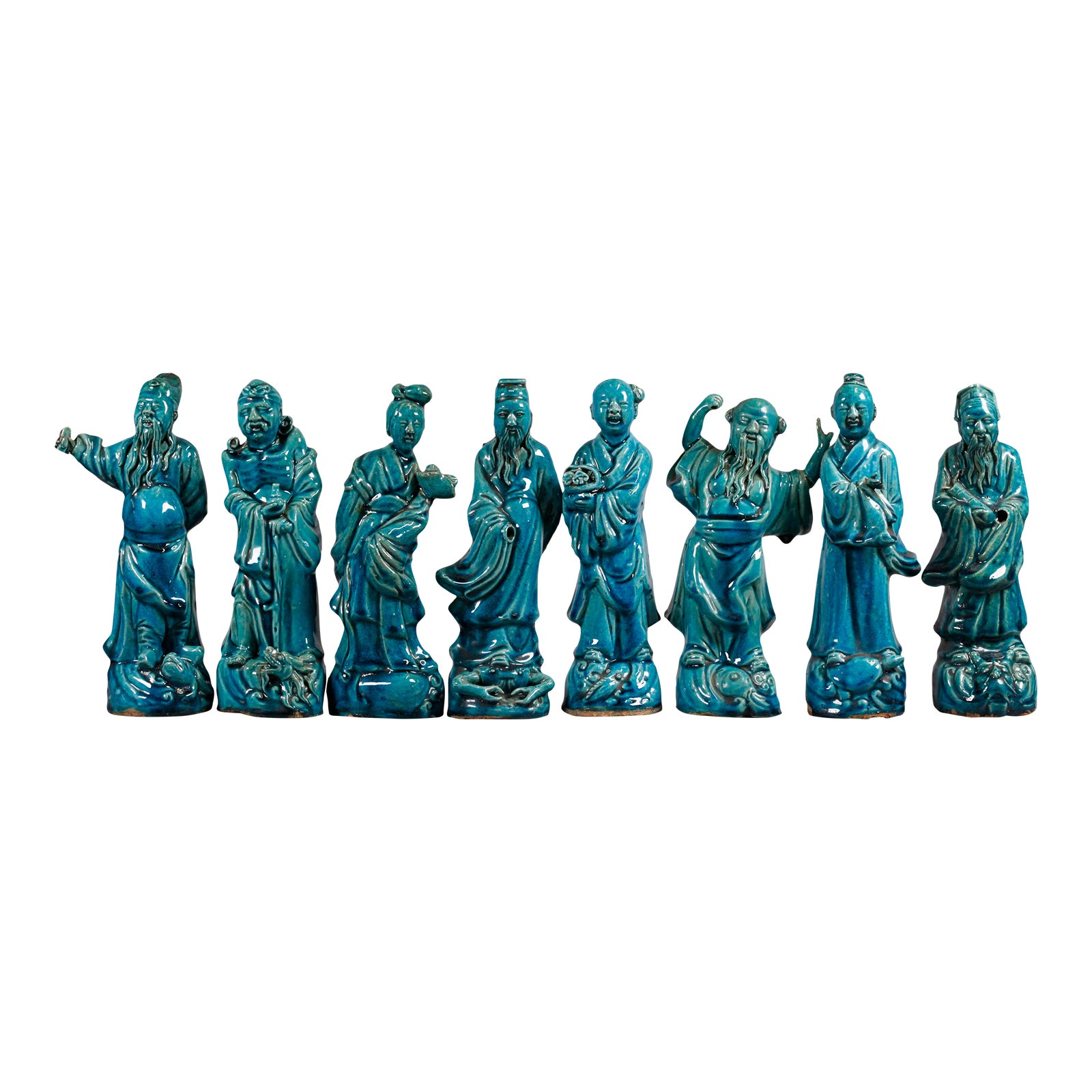 Set of 8 Chinese Turquoise Glazed Porcelain Immortals, 19th C. | Chairish