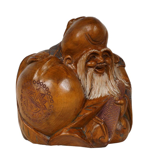 Early 20th Century Antique Asian Carved Wooden God of Longevity ...
