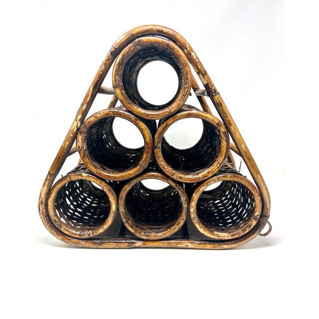 Vintage Mid-Century Boho 6 Bottle Rattan Wine Rack | Chairish