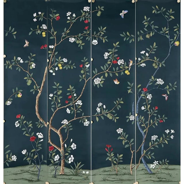 Chinoiserie Hand Painted Wallpaper on Black Silk Panel - 4 Panels ...
