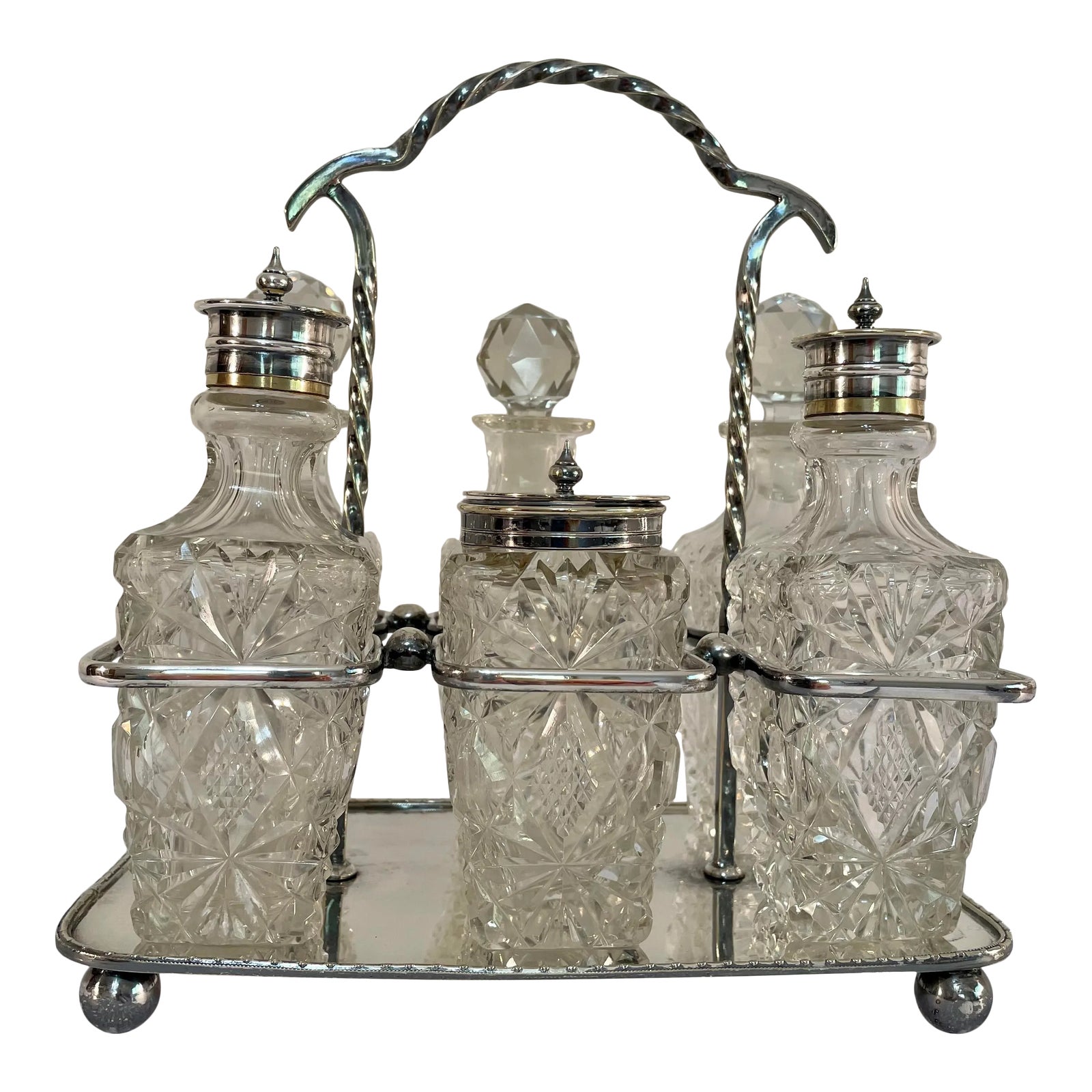 Antique English Style Silverplate Cut Crystal Cruet Set | Chairish