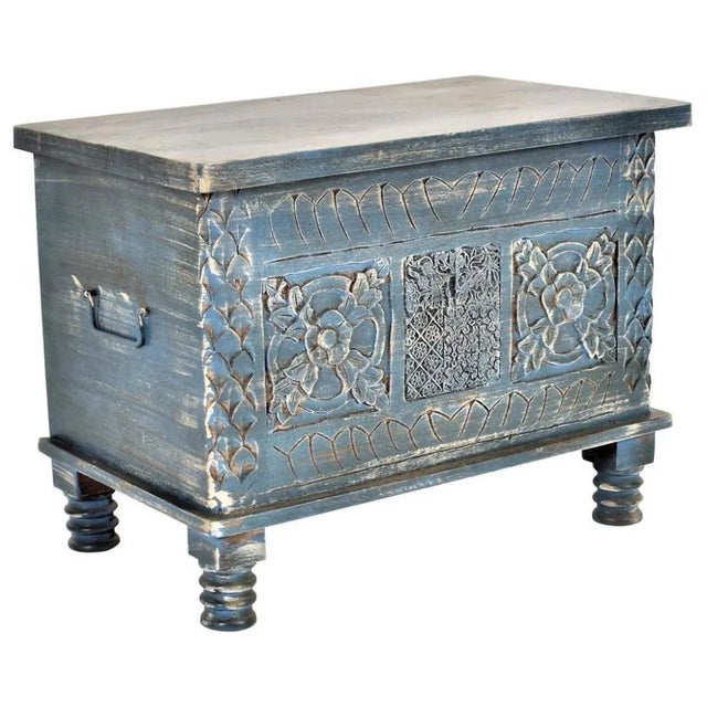 Distressed Blue Hand Carved Box Storage Trunk With Legs Nochi | Chairish