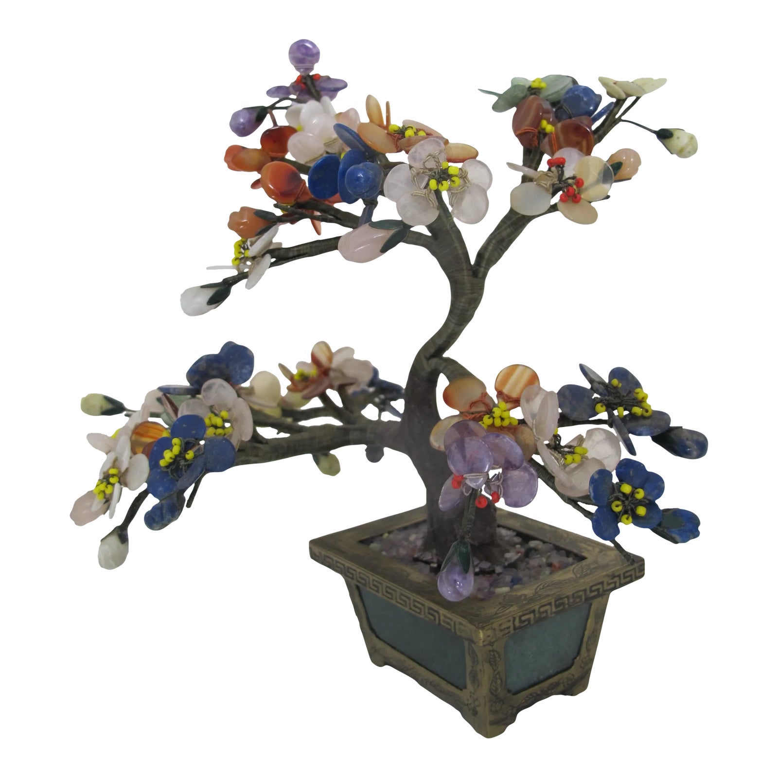 Vintage Chinese Potted Bonsai Colorful Carved Stone Jade Flower Tree ...