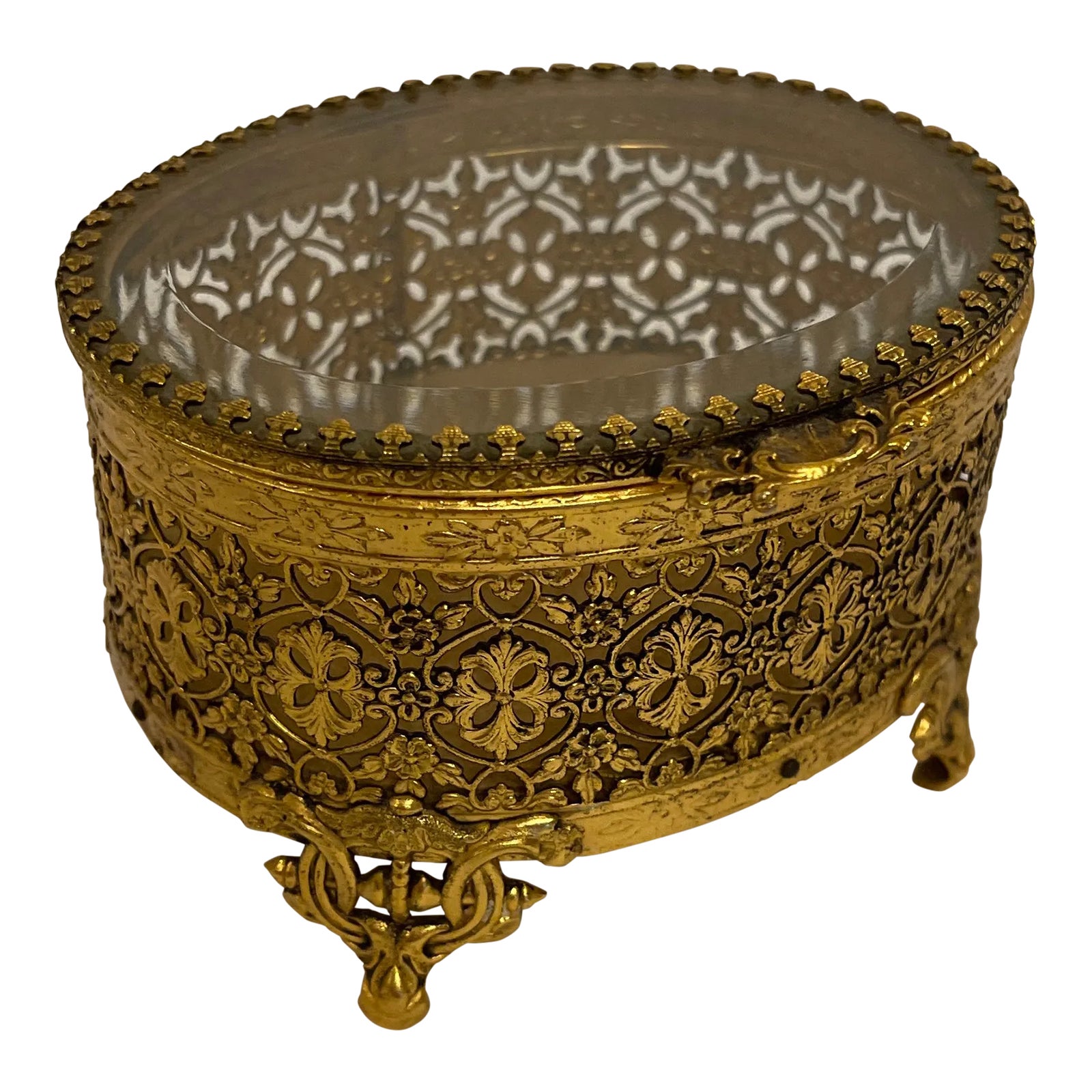 Mid 20th Century French Filigree Brass Jewelry Casket | Chairish