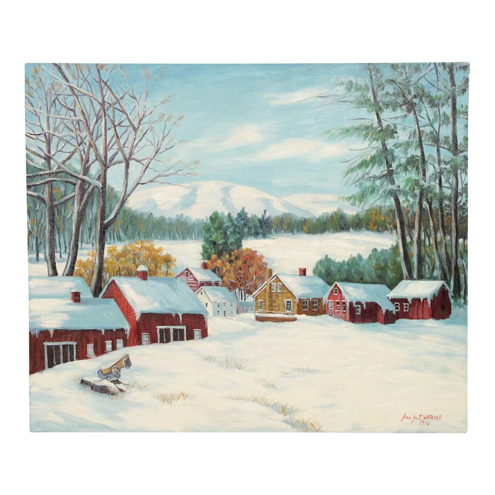 Ann Yost Whitesell 'The Red Barns' Winter Landscape Original Oil ...