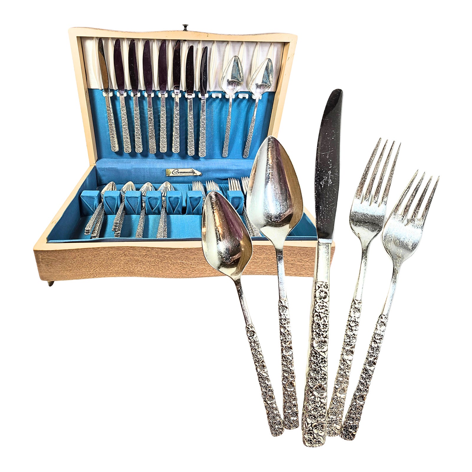 Sculpted Floral Silverplate Flatware- Set of 45 | Chairish