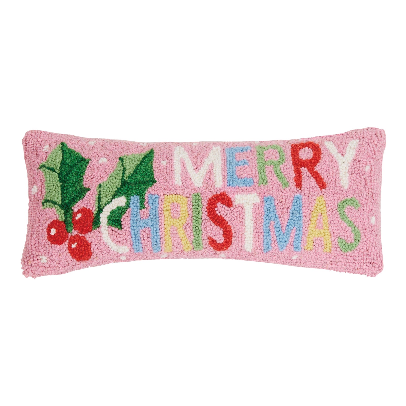 Merry Christmas Pink with Holly Hook Pillow 8" x 20" | Chairish