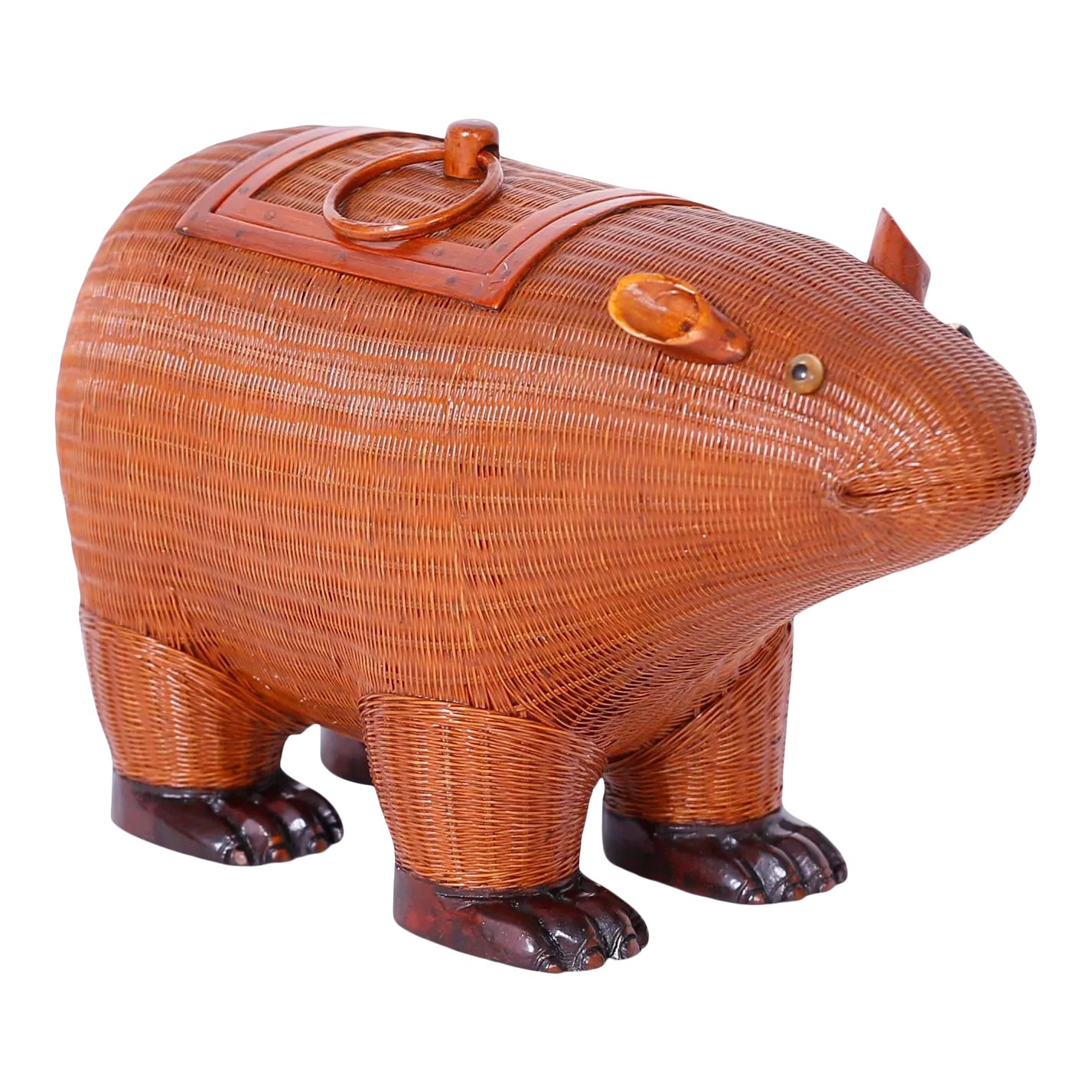 Vintage Mid Century Chinese Wicker Capybara Animal Box | Chairish