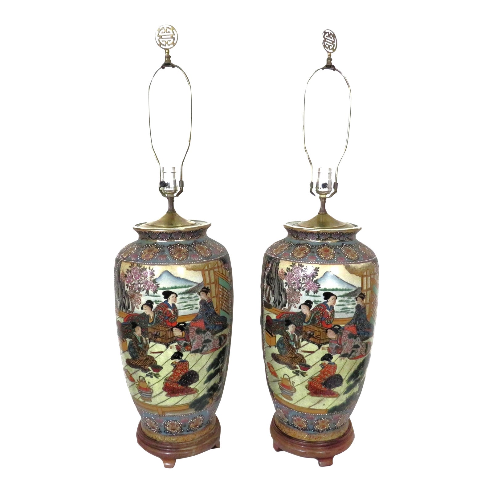 Pair of Large Japanese Satsuma Table Lamps Vase Form Asian Oriental ...