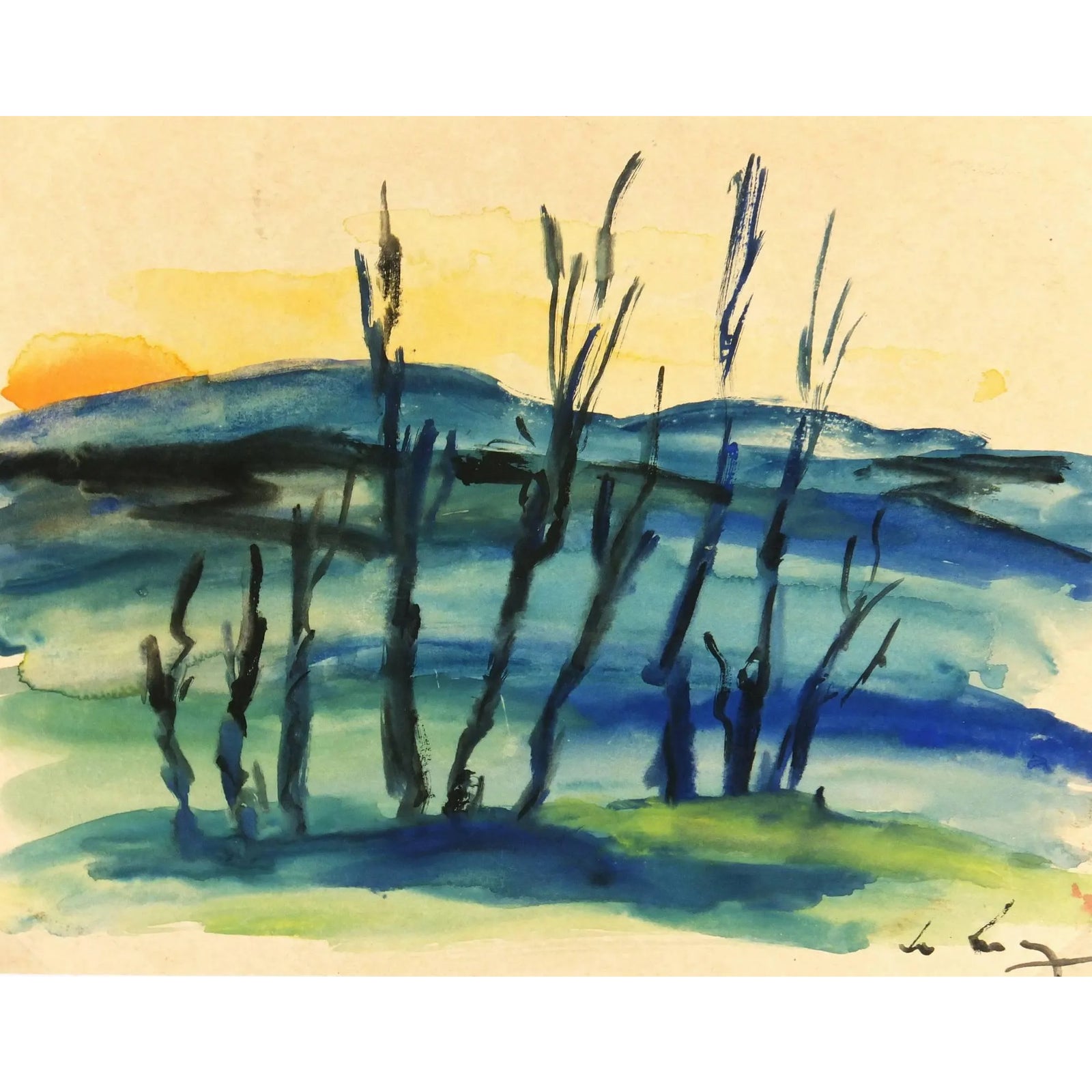 Watercolor Landscape - Setting Sun | Chairish