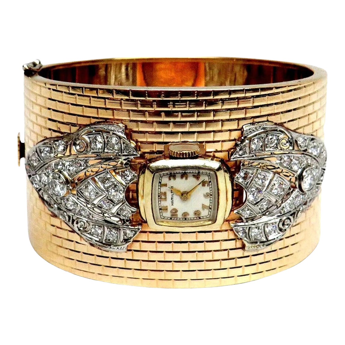 Vintage 1950s Hamilton Watch in 14k Gold and Diamond Cuff Bracelet ...