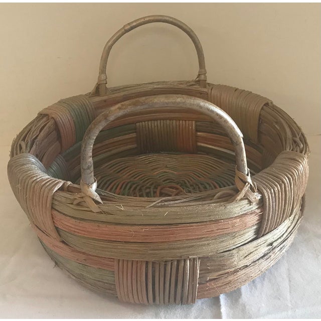 Vintage Three Color Sturdy Round Basket With Handles | Chairish