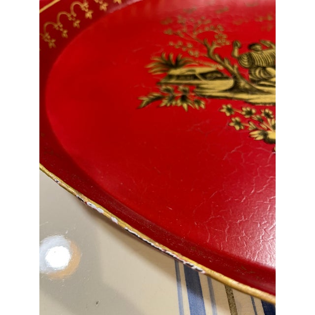 1980s Vintage Asian Inspired Tole Red Oval Tray | Chairish