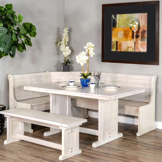 White Breakfast Nook Dining Set With Reversible Bench Storage - Set of ...