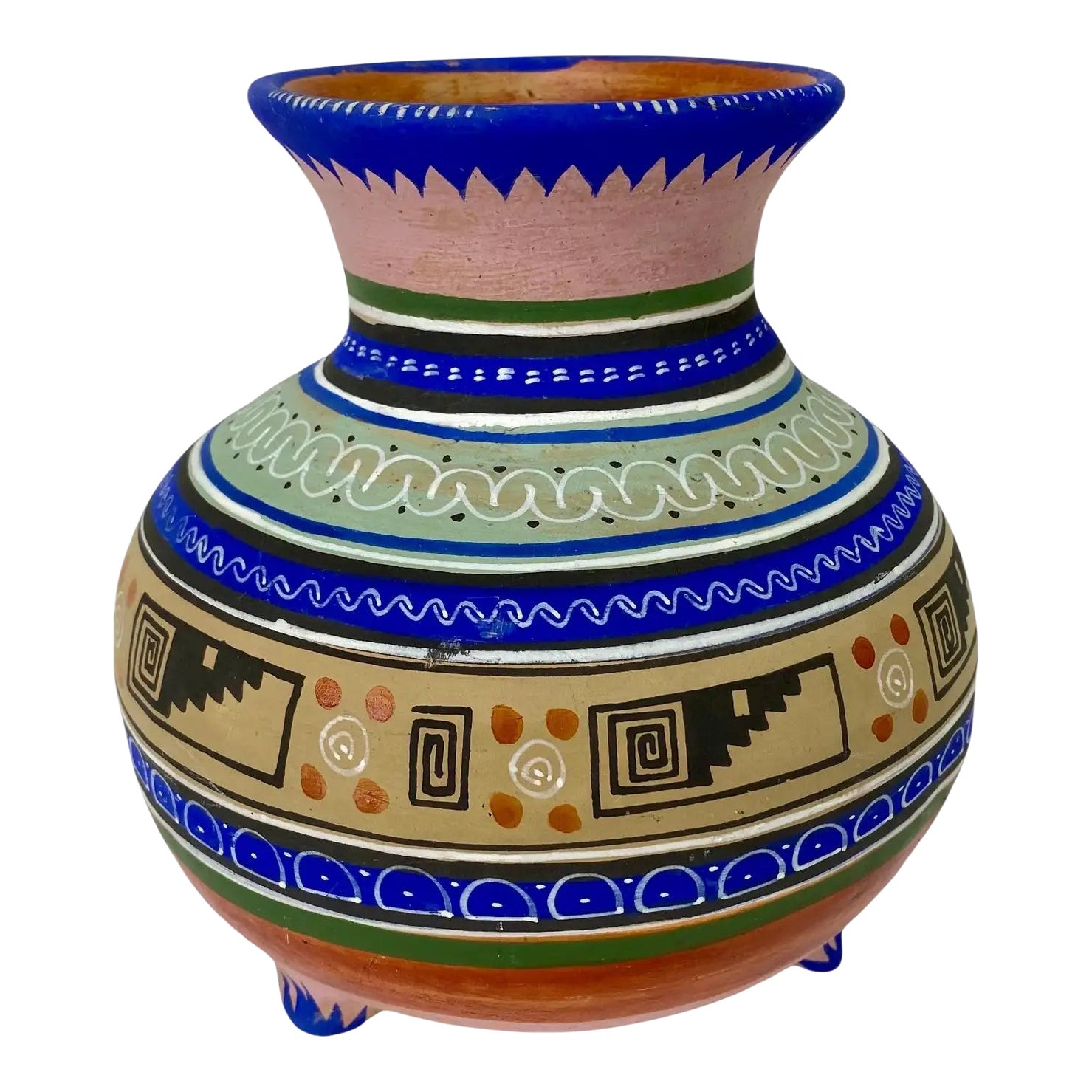 Mexican Handmade Pottery Multicolor Three-Legged Vase | Chairish