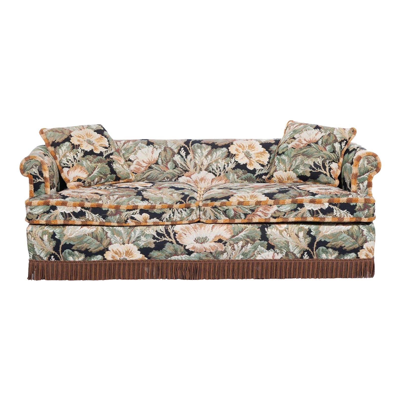 Custom Floral Tapestry Sofa With Bullion Fringe | Chairish