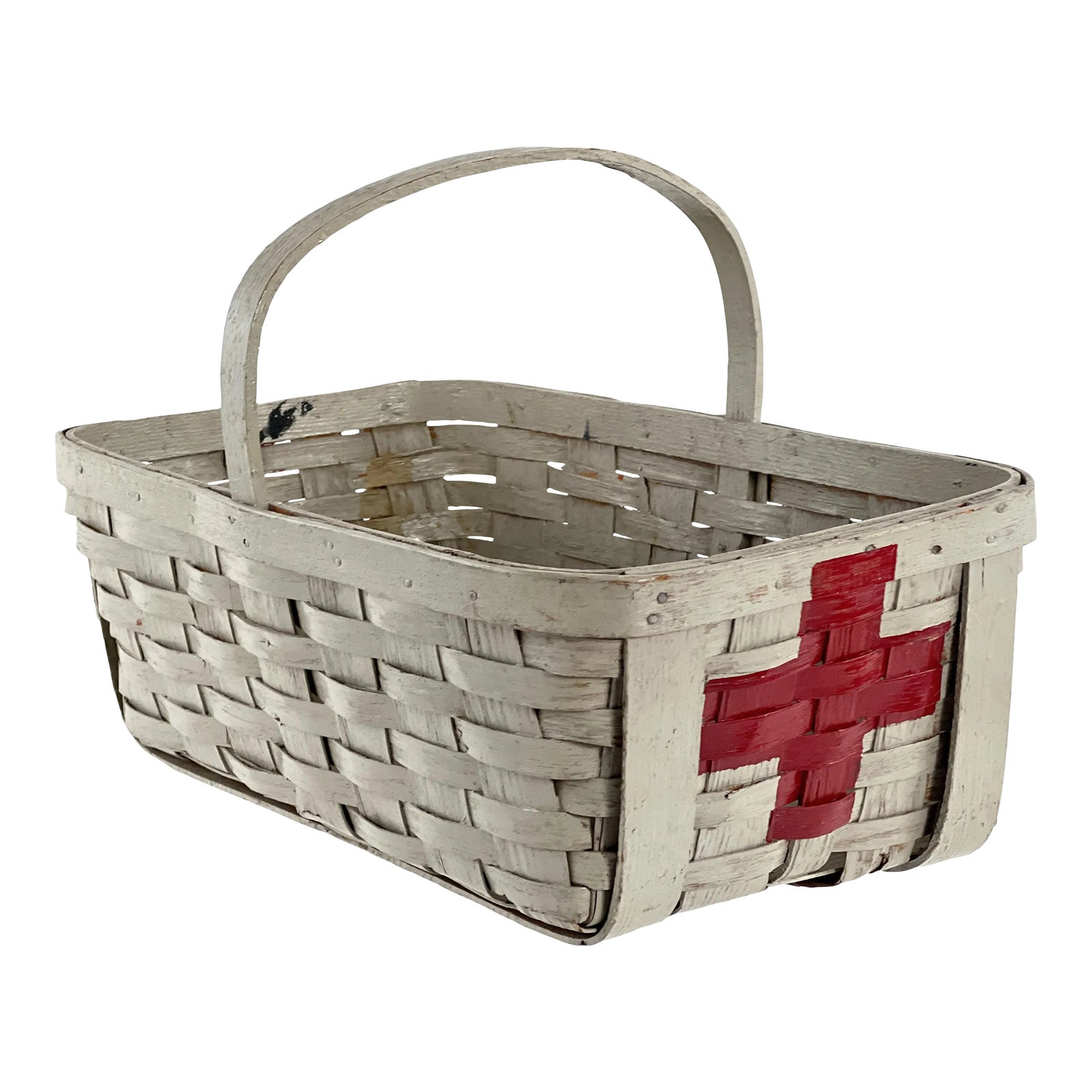 Antique 1910s WWI Era Painted Gray Splint Carrying Basket With Red ...