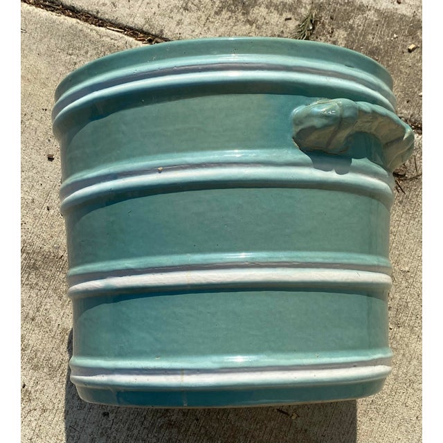 Mid Century Round Aqua Planter with Raised White Stripes | Chairish