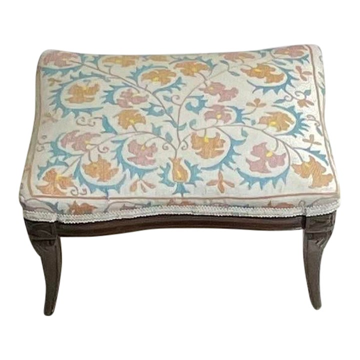 Antique Hand Carved Suzani Embroidery Foot Stool | Chairish