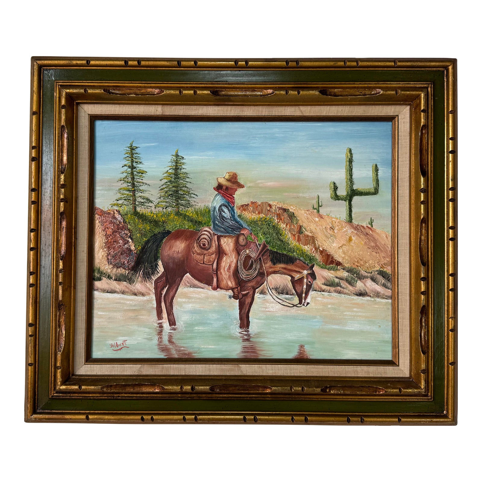 Vintage Gilbert Cowboy Western Oil Painting on Masonite Board – Framed ...