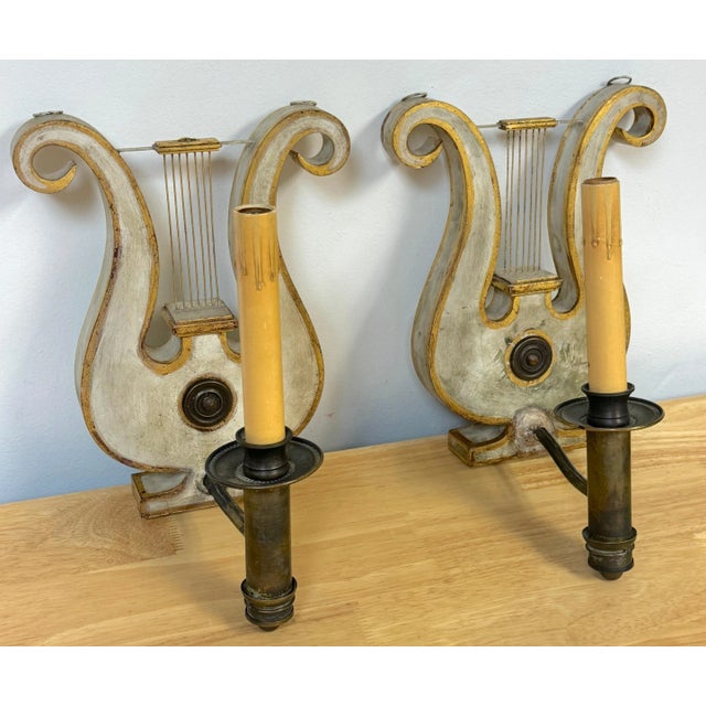 English Regency Gray Painted Tole & Brass Lyre Motif Wall Sconces - a ...