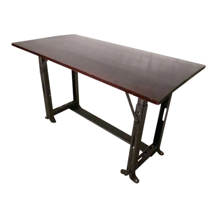 Industrial Metal Work Table with Refinished Top | Chairish