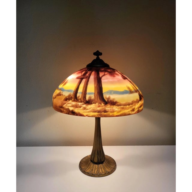 Antique Reverse Painted Desk Lamp With Original Shade | Chairish