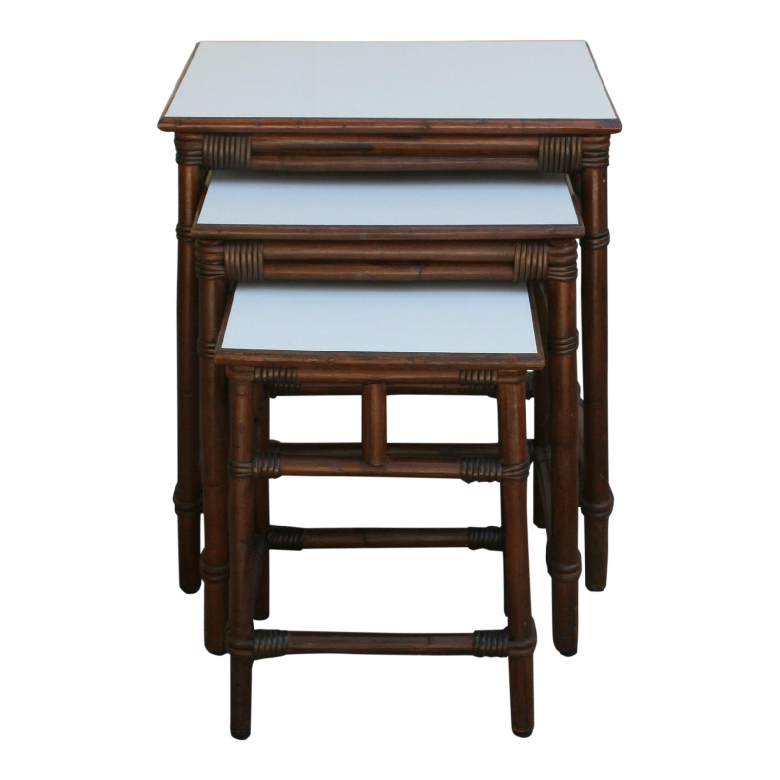 Rattan Wicker Nesting Tables Brown With White Laminate Top Mid Century ...