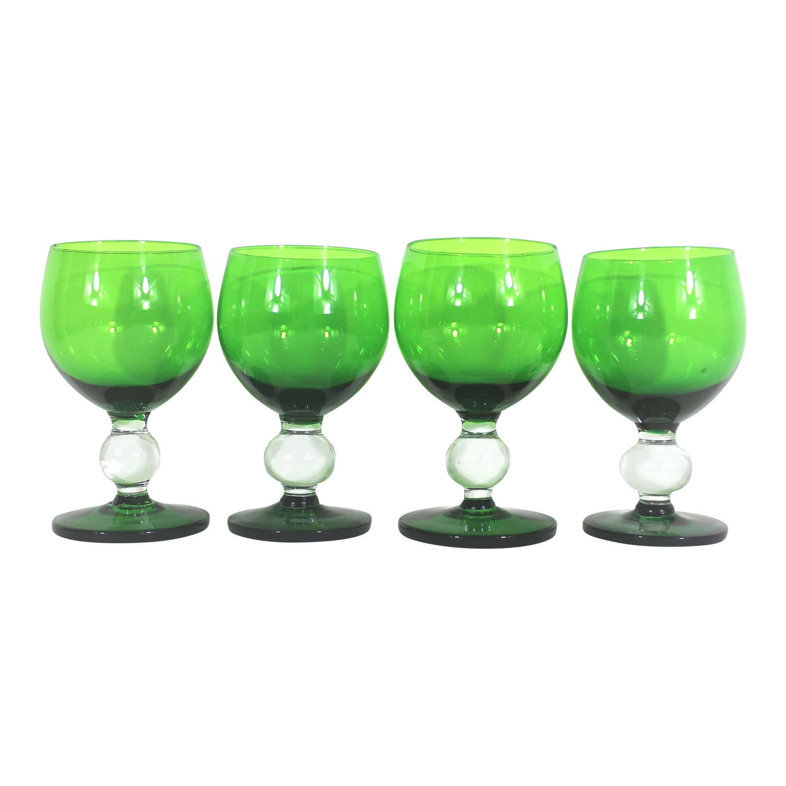 1960s Handblown Set of 4 Small Green Glass Goblets Clear Ball Stem ...