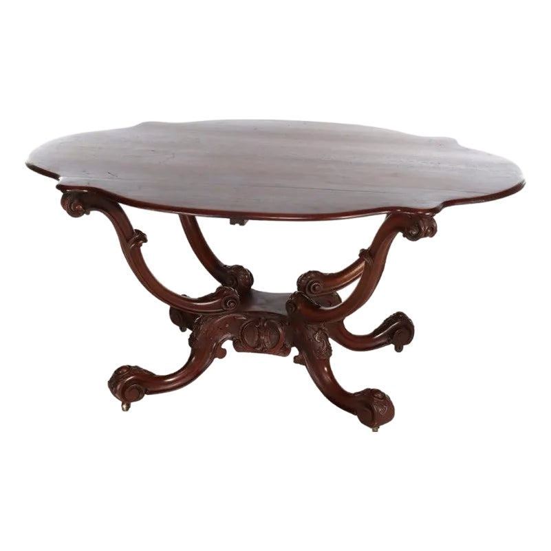 Antique Rococo Carved Mahogany Turtle Top Center Table C1890 | Chairish