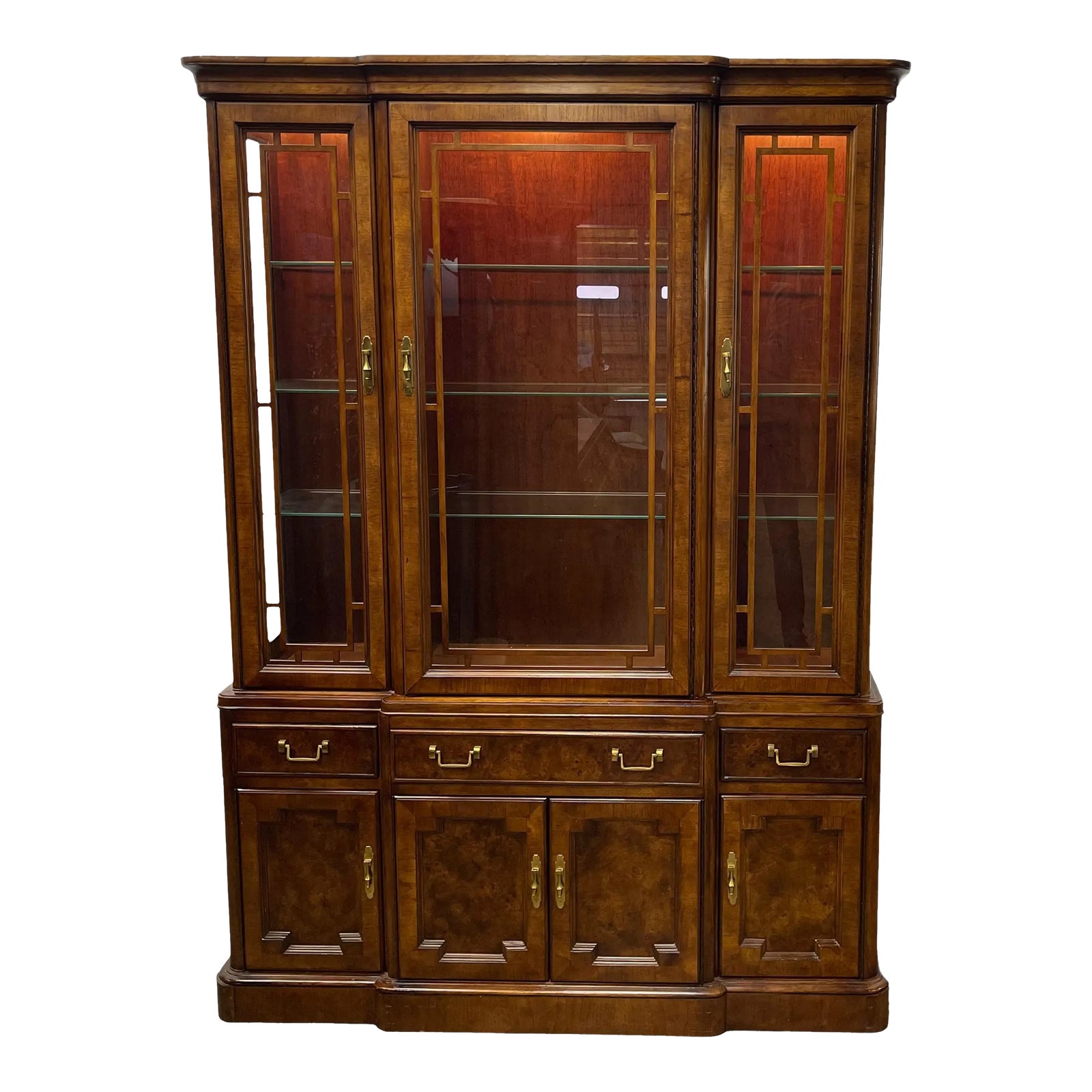 Vintage Tomlinson Traditional Regency Style Oak & Walnut Burl Wood China Cabinet | Chairish