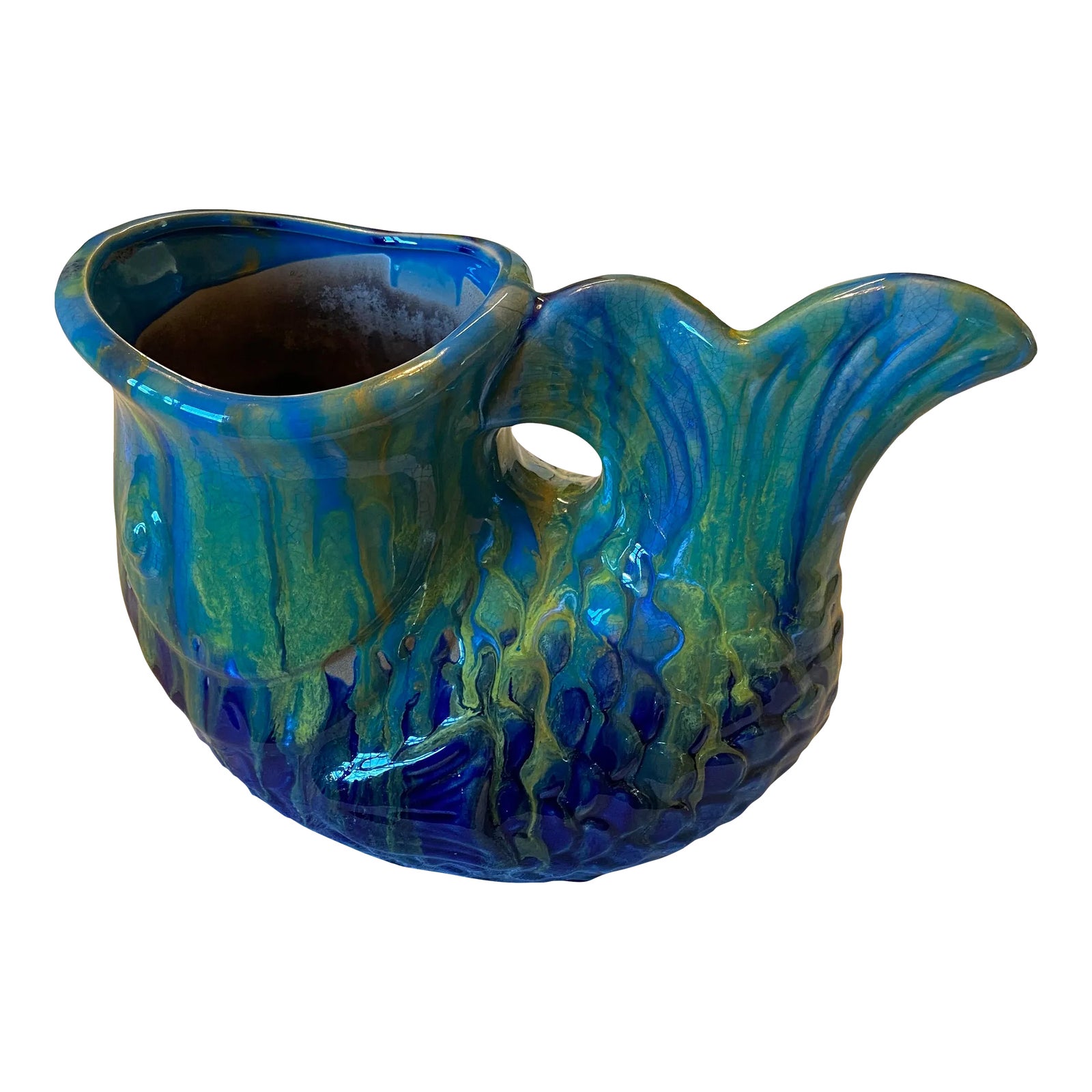 Vintage Large Glazed Green Blue Yellow Fish Planter Pot Vase | Chairish