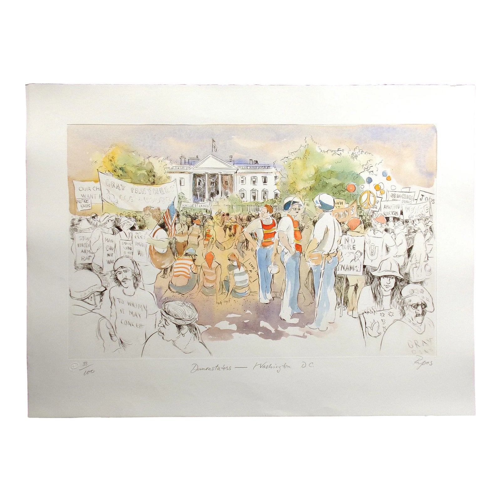 William Papas "Demonstrators, Washington Dc" Signed Hand Colored ...