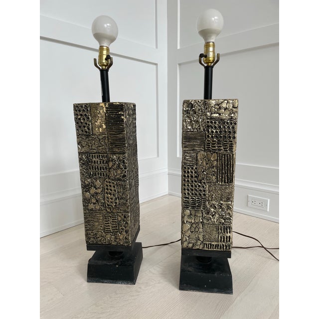 1970s Large Brutalist Gilt Carved Table Lamps in the Style of Paul Evans, a Pair | Chairish
