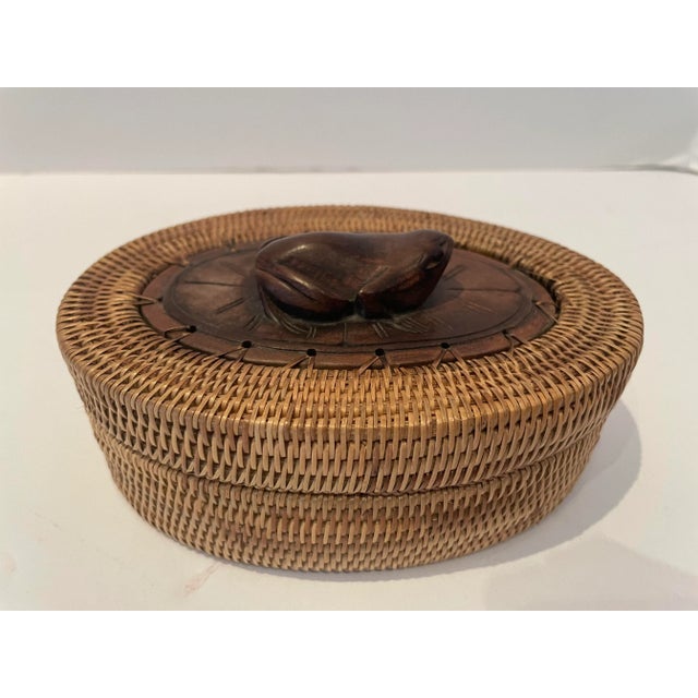 Vintage Asian Woven and Carved Box With Frog | Chairish